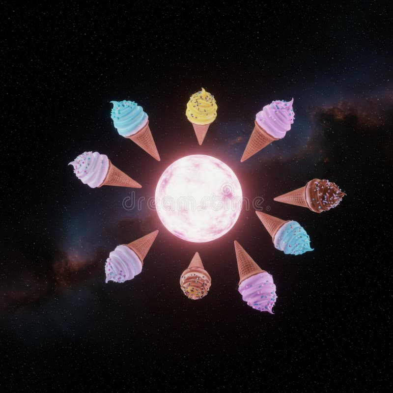 Colorful Ice Cream Cones Around a Pink Planet in Space Stock ...