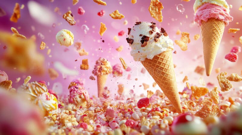 Colorful Ice Cream Cones Falling Against Pink Background Stock ...