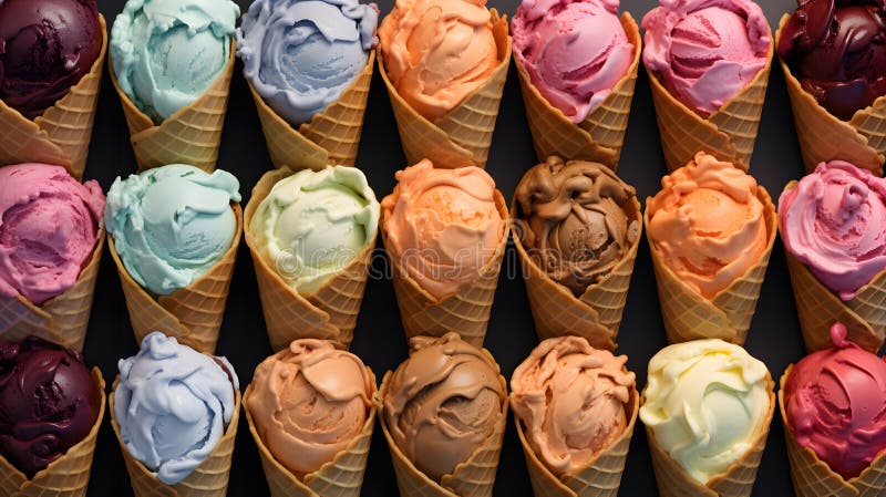 Colorful Ice Cream Cones in Neat Rows. Neural Network AI Generated ...