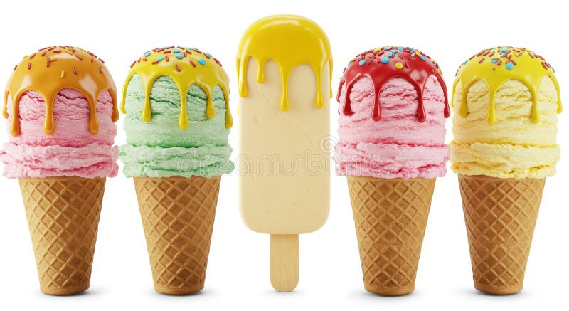 Colorful Ice Cream Cones and Popsicle with Dripping Toppings on White ...