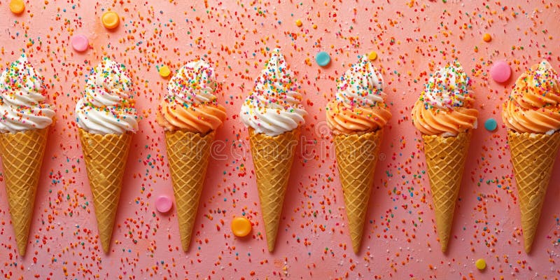 Colorful Ice Cream Cones with Sprinkles on Pastel Backgrounds Stock ...