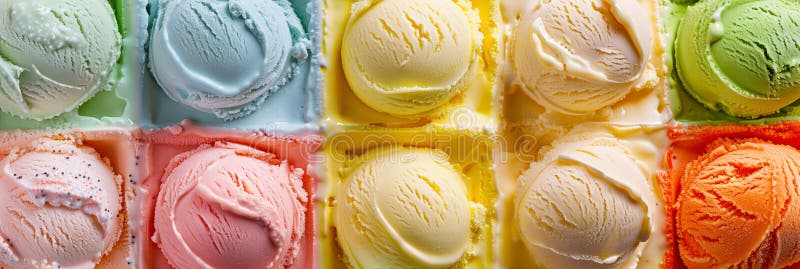 Colorful Ice Cream in Neat Rows with Various Flavors Banner. Panoramic ...