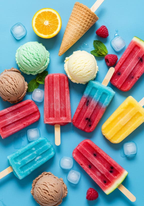 Colorful Ice Cream and Popsicles on Blue Background Stock Illustration ...