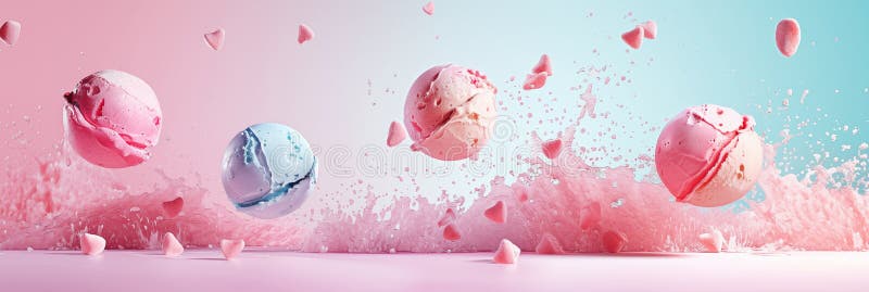 Colorful Ice Cream Scoops Exploding in Mid-air on Pink and Blue ...