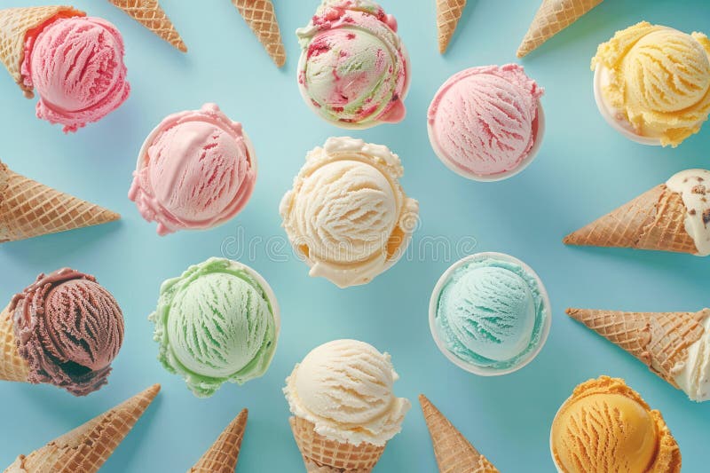 A Delightful Array of Assorted Ice Cream Scoops in Cones, Displayed ...