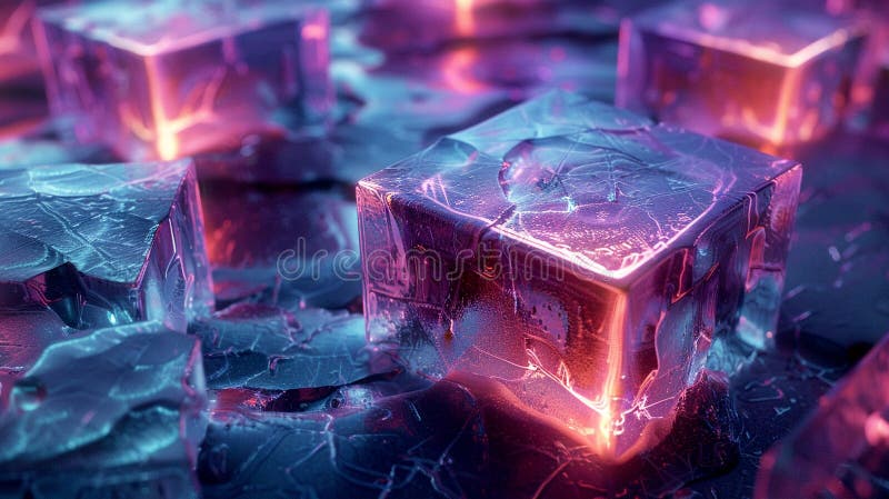 Vibrant Ice Cubes Glowing with Light on a Reflective Surface during ...