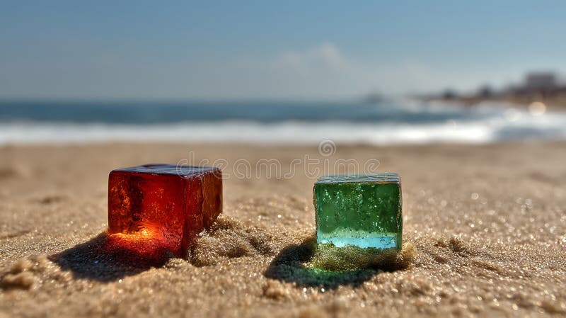 Colorful Ice Cubes on Sandy Beach Under Bright Sun with Ocean in ...