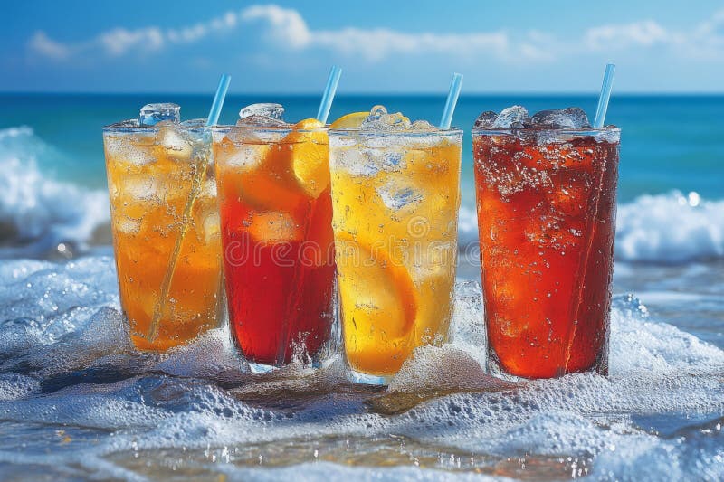 Colorful Iced Beverages on a Beach with Ocean Waves Stock Photo - Image ...