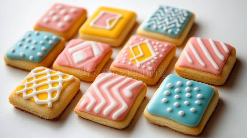 Colorful Iced Cookies with Geometric Patterns on a White Background ...