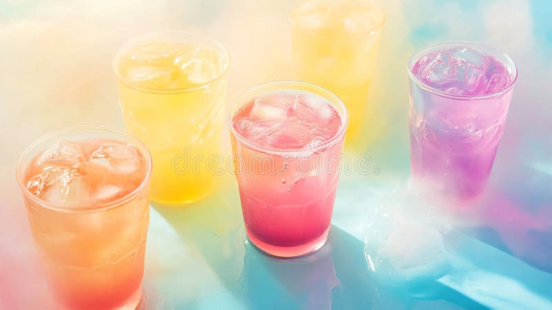 Colorful Iced Drinks in Plastic Cups on Pastel Background Stock ...