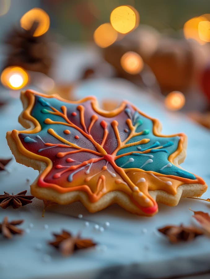 Colorful Iced Maple Leaf Cookie with Autumn Decorations. Stock Photo ...