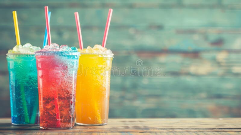 Colorful Iced Slush Drinks on Rustic Wooden Background Stock Image ...