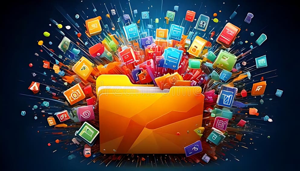 Colorful Icons Explode from a Folder, Representing Data, Apps, and ...