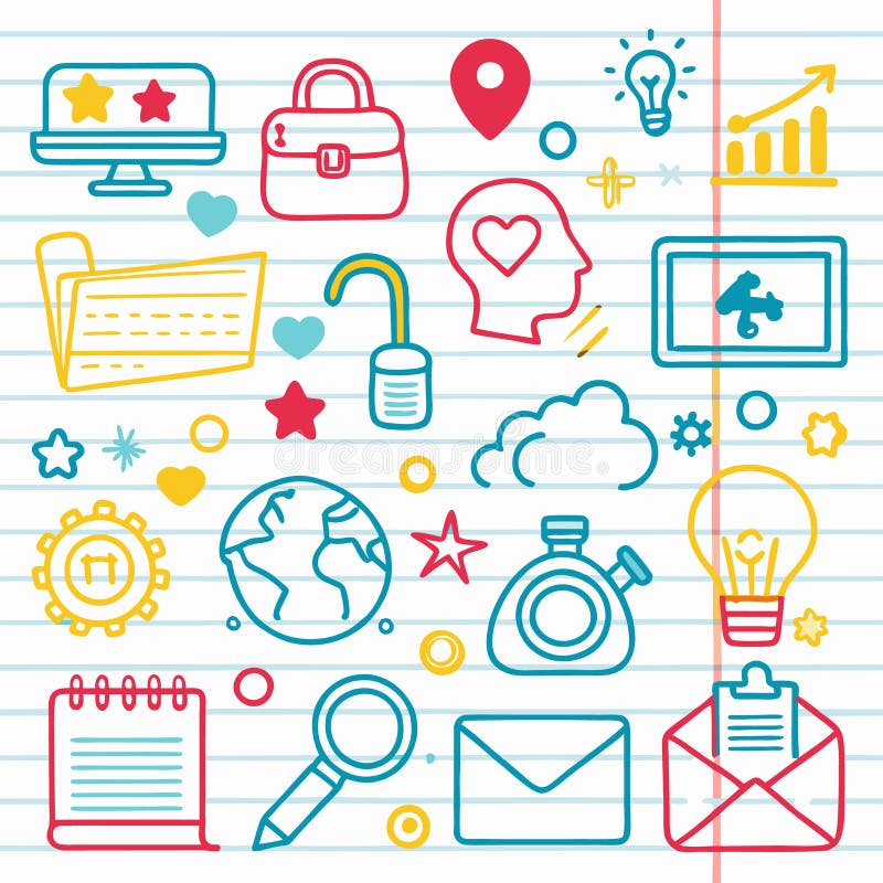 Colorful Icons on Notebook Paper Ideas, Security, and Global Concepts ...