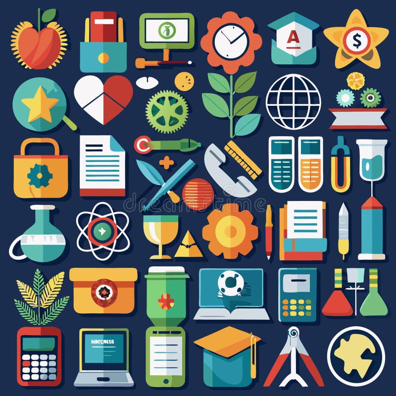 Colorful Icons Representing Various Aspects of Education, Technology ...