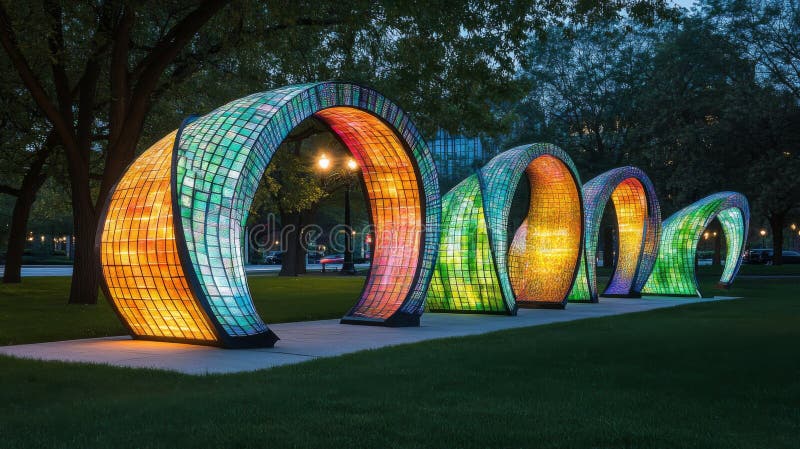 Colorful Illuminated Arch Installation in a Park at Night Stock ...