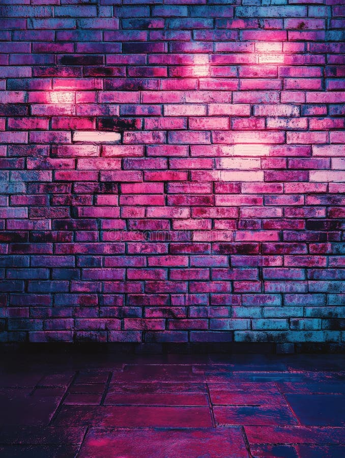 Colorful Illuminated Brick Wall with Neon Lights at Night Stock ...