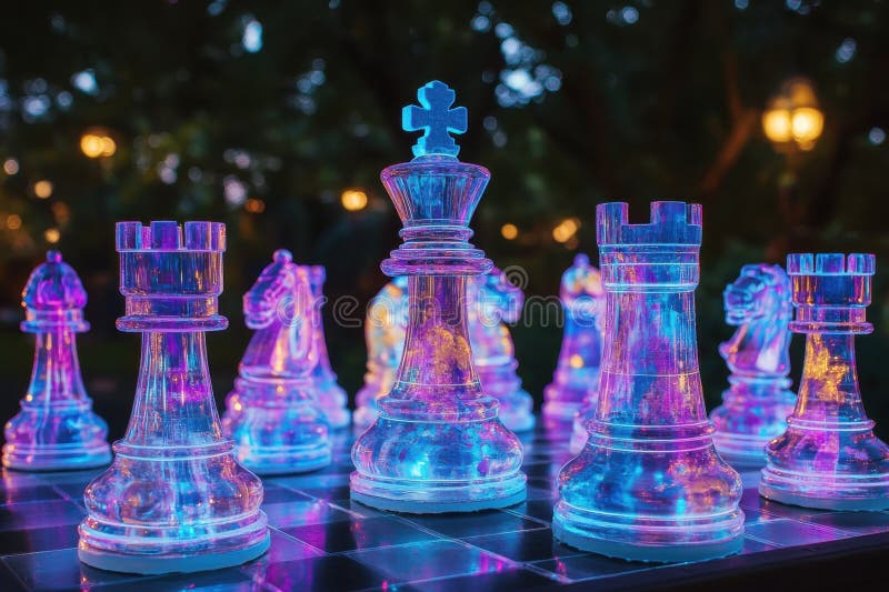 Colorful Illuminated Chess Pieces on a Glowing Board in an Outdoor ...