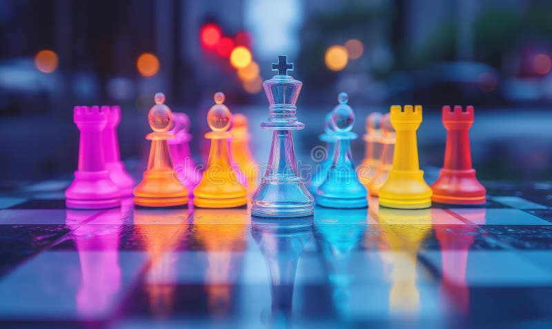 Colorful Illuminated Chess Pieces on Reflective Board in Urban Setting ...