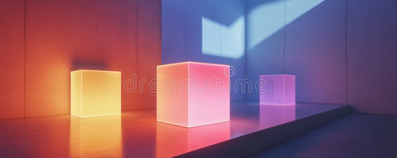 Colorful Illuminated Cubes in Modern Interior, Abstract Art ...