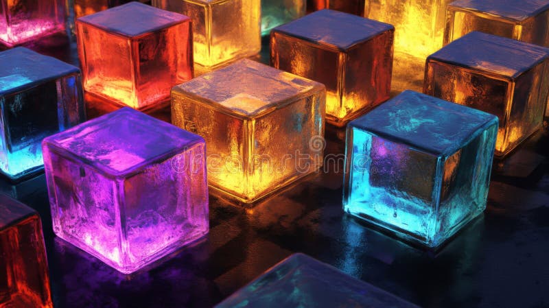 Colorful Illuminated Glass Cubes on Dark Reflective Surface Stock ...