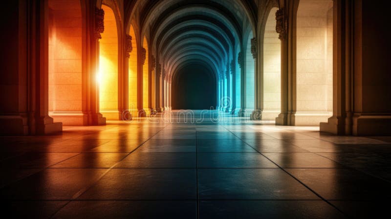 Colorful Illuminated Gothic Archway with Warm and Cool Light Effects ...