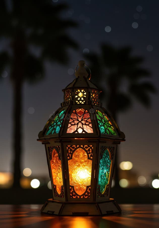 Colorful Illuminated Lantern at Night with Palm Trees Stock ...
