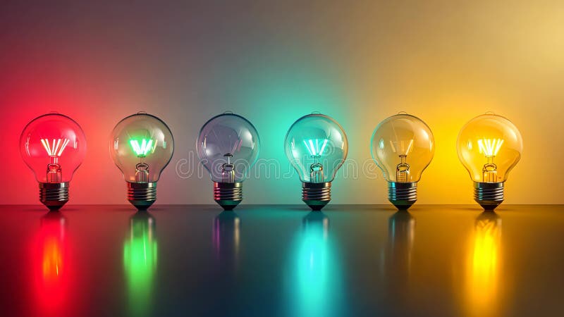 Colorful Illuminated Light Bulbs in a Row on Reflective Surface Stock ...