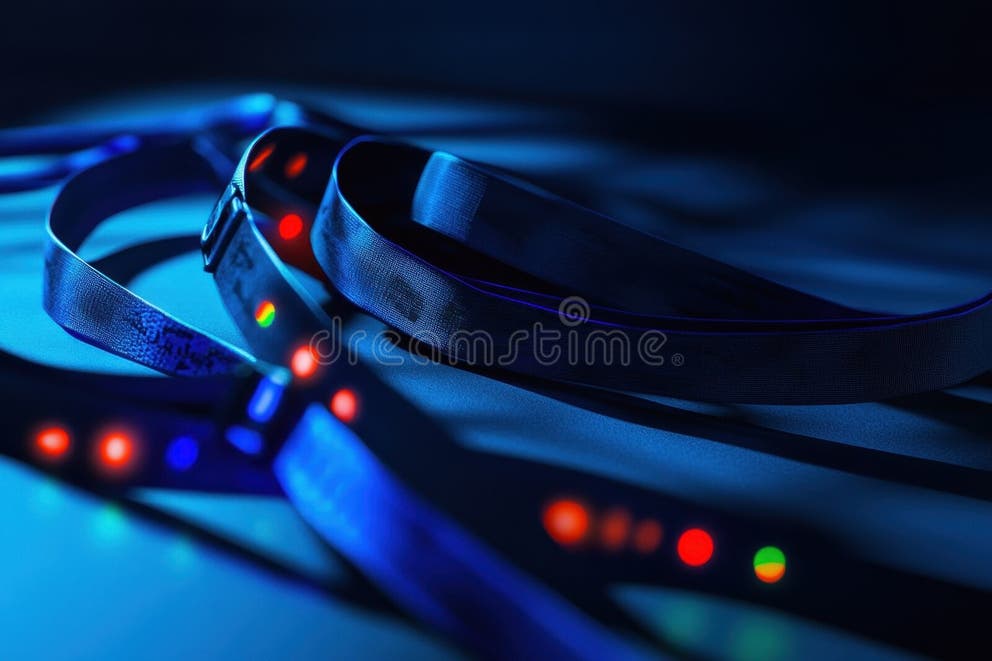 Colorful Illuminated Straps Displayed on a Dark Surface with Ambient ...
