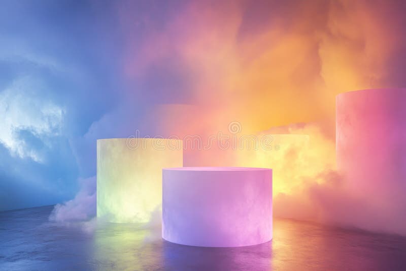 Colorful Illuminated Structures Surrounded by Fog Create an Atmospheric ...