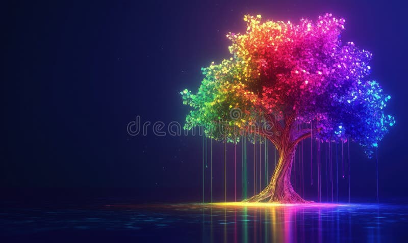 Colorful Illuminated Tree with Vibrant Rainbow Leaves and Glowing Roots ...