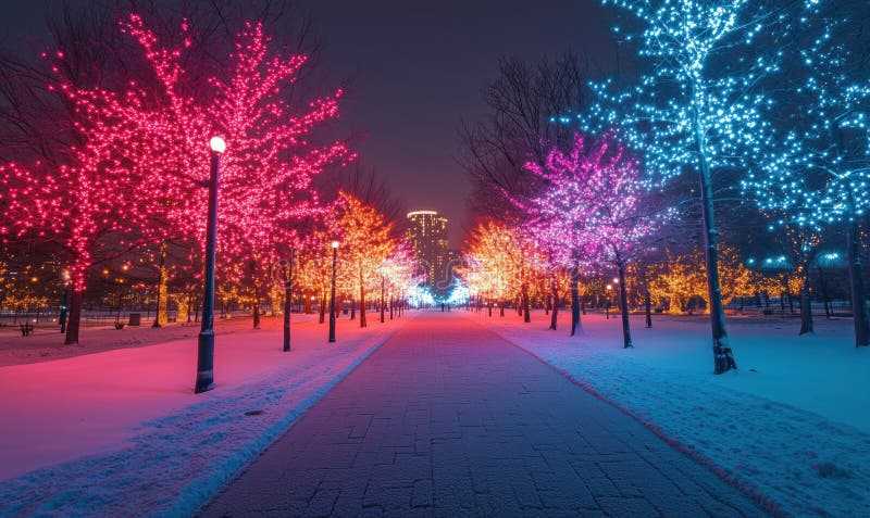 Colorful Illuminated Trees Lining Snowy Pathway in Winter Park at Night ...