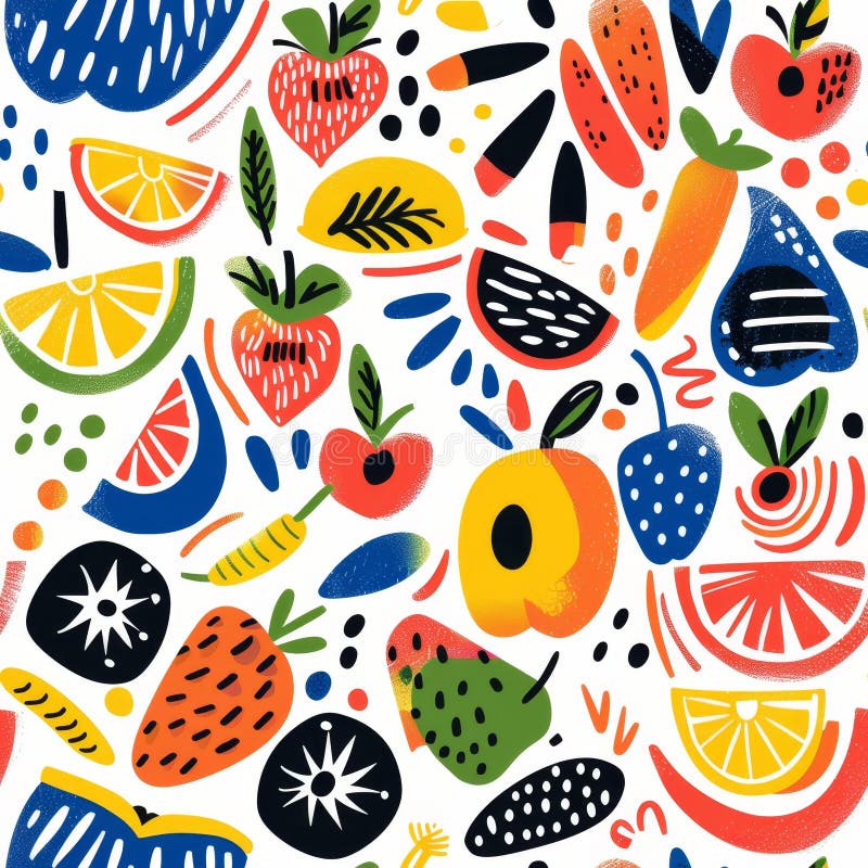 Colorful Illustrated Assortment of Fresh Summer Fruits and Vegetables ...