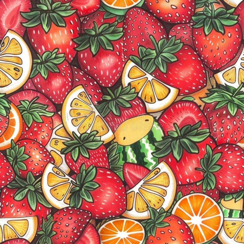 Colorful Illustrated Fruit Pattern Featuring Strawberries and Citrus ...