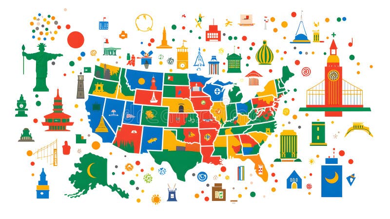 Colorful Illustrated Map of the USA with Landmarks Stock Illustration ...