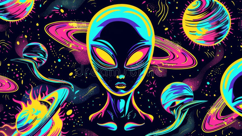 Vibrant Alien Head Amidst Cosmic Planets Illustration Stock ...