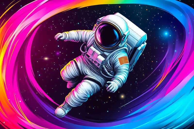 An Astronaut Floating in Space with a Rainbow Background Stock Photo ...