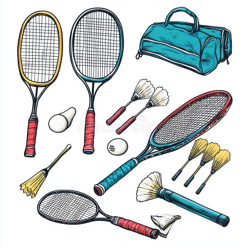 Colorful Illustration of Badminton Rackets, Shuttlecocks, and Bag Stock ...