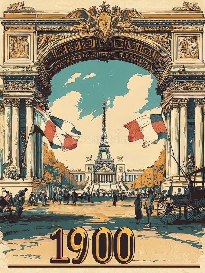 Vintage Depiction of Paris in 1900 Showcasing the Arc De Triomphe and ...