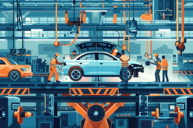 A Colorful Illustration of a Car Factory Assembly Line with Workers ...