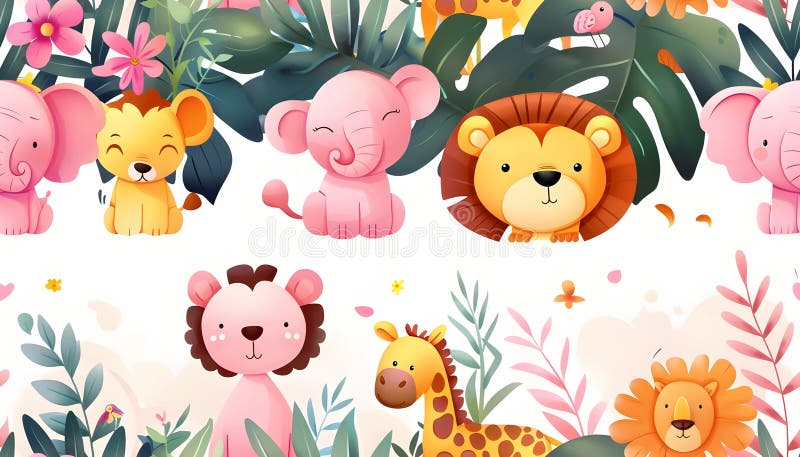 A Colorful Illustration of Cartoon Animals in a Jungle Setting Stock ...