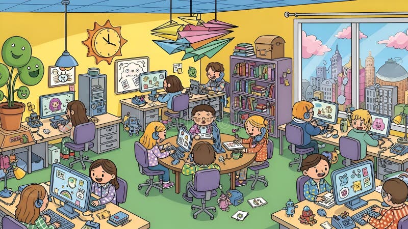 Kids Coding Class Children Learning Computer Skills Illustration Stock ...