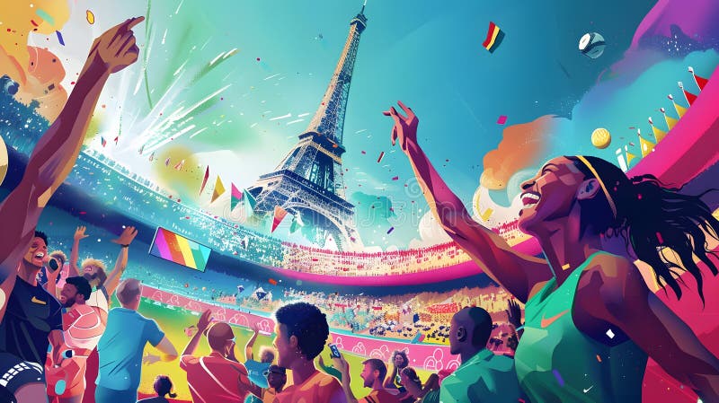 Olympic Stadium Crowd Celebrating with Eiffel Tower in the Background ...