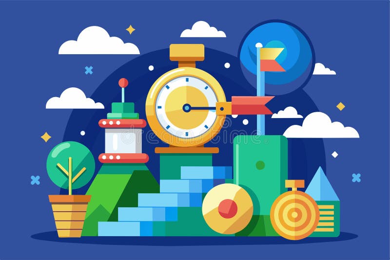 A Colorful Illustration Depicts a Clock and Various Elements ...