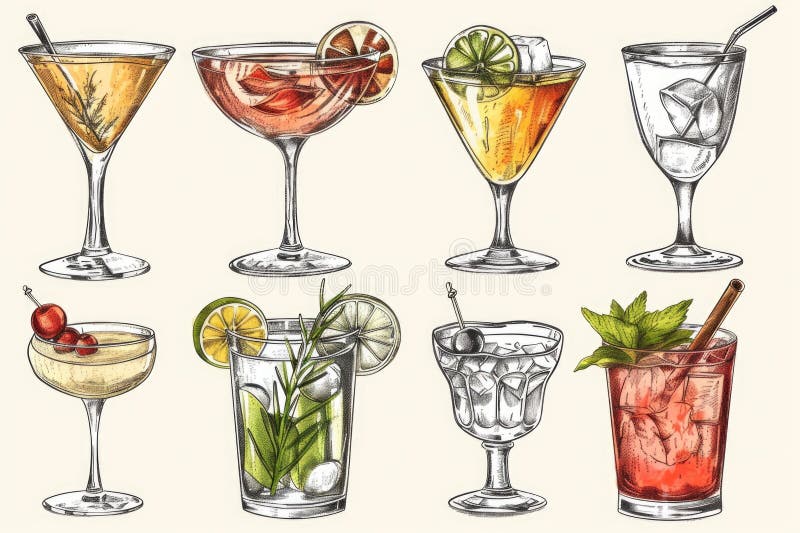 A Colorful Illustration of Different Cocktails. Perfect for Menu ...