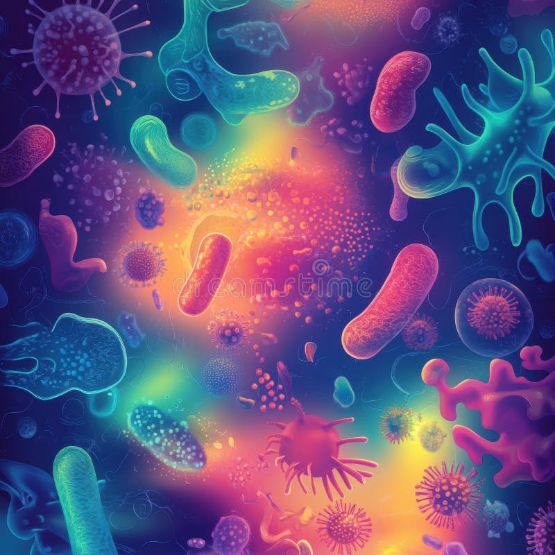 Colorful Illustration of Diverse Microscopic Microbes Demonstrating ...