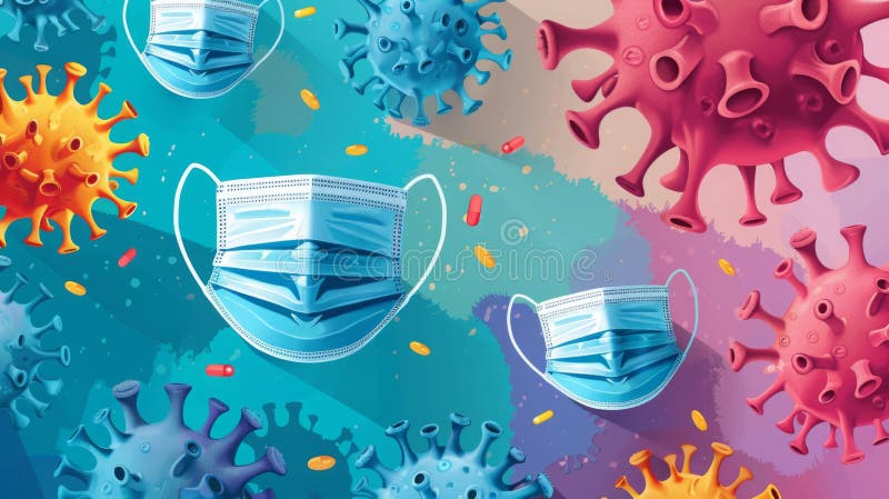 Colorful Illustration of Face Masks and Viruses Stock Image - Image of ...