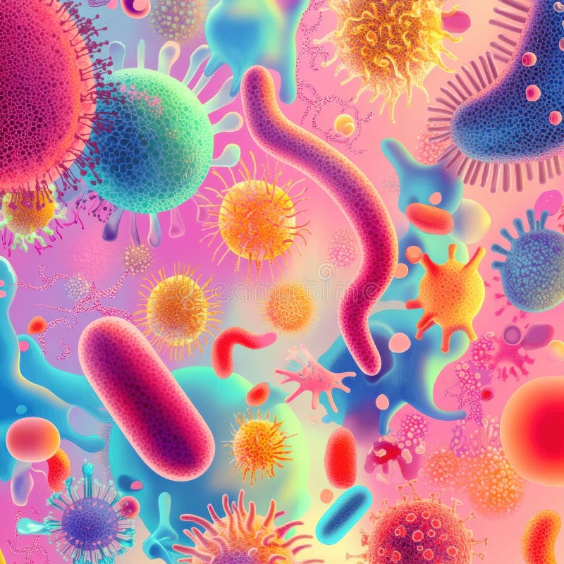 Microscopic Depiction of Diverse Microbes Showcasing Vibrant Colors and ...