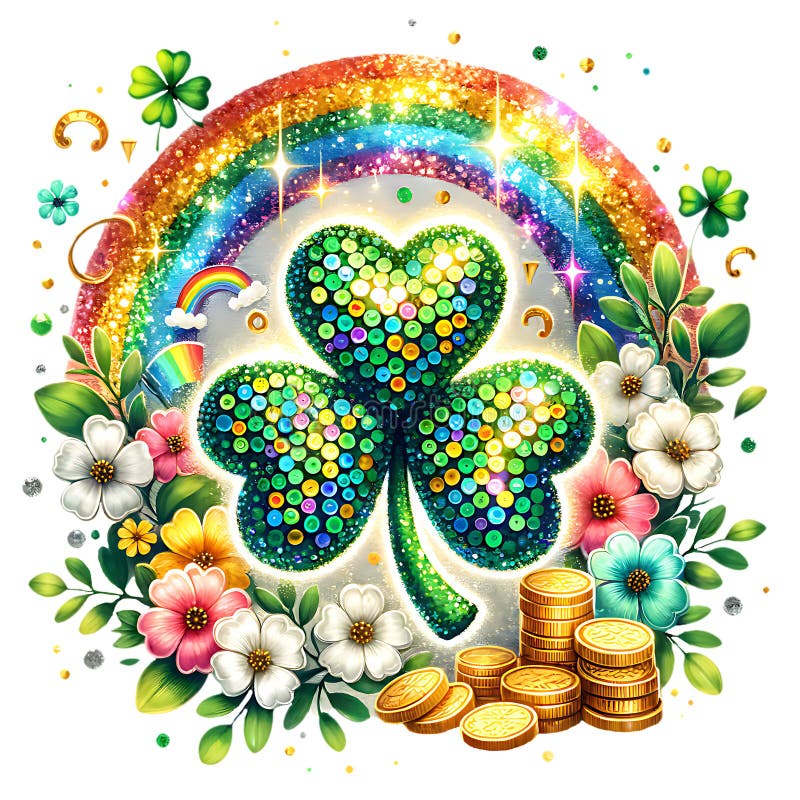 This is an Illustration of a Lucky Cove Leaf with a Rainbow, Flowers ...