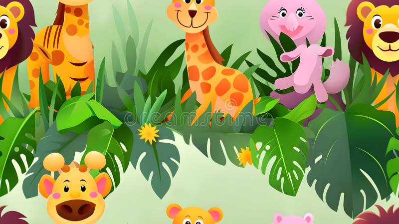 A Colorful Illustration Featuring Cartoon Animals in a Lush Jungle ...